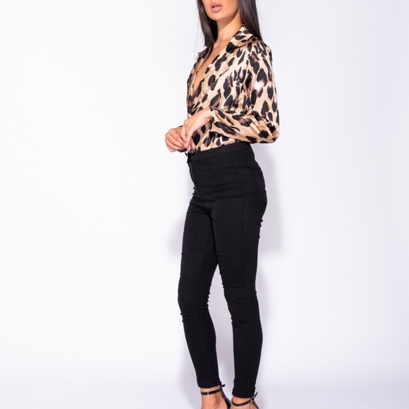 Parisian Works | Tops | Satin Long Sleeve Leopard Print Bodysuit | Poshmark